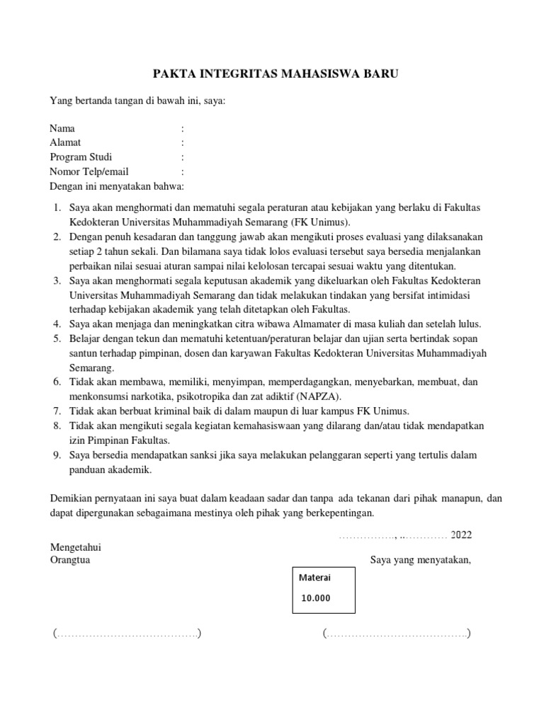 Pakta Integritas Mahasiswa Baru | PDF