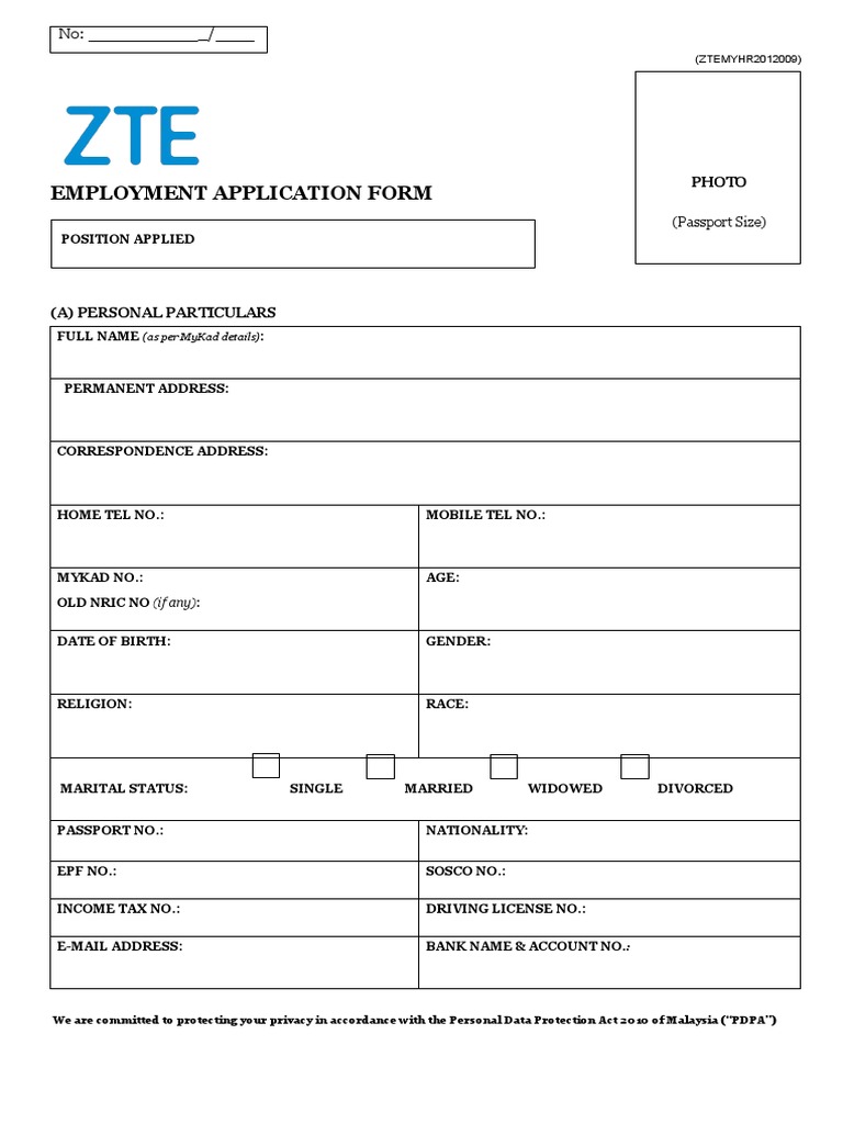 ZTE Job Application Form (A4 Size) | PDF