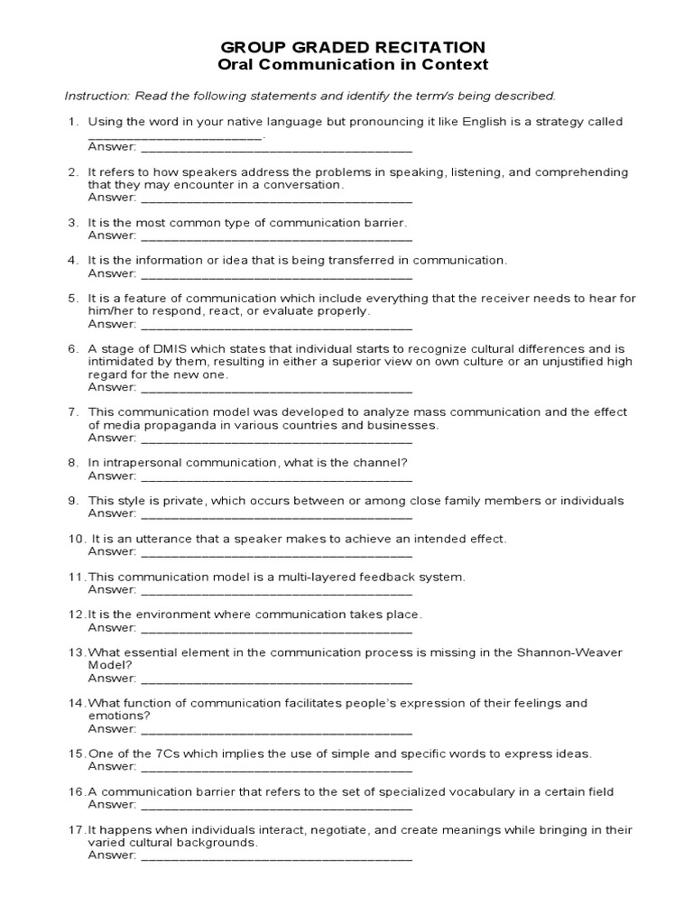 Oral Communication (Group Recitation) | PDF | Communication | Cognitive ...