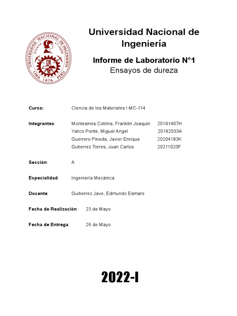 Informe De Laboratorio Nº1 Ensayos De Traccion Unifim Pdf Dureza