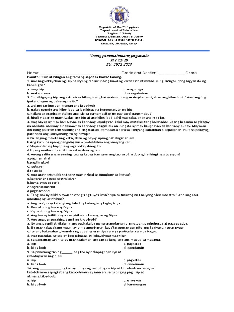 ESP 10 Quarter 1 - 2022-2023 Test Questions | PDF