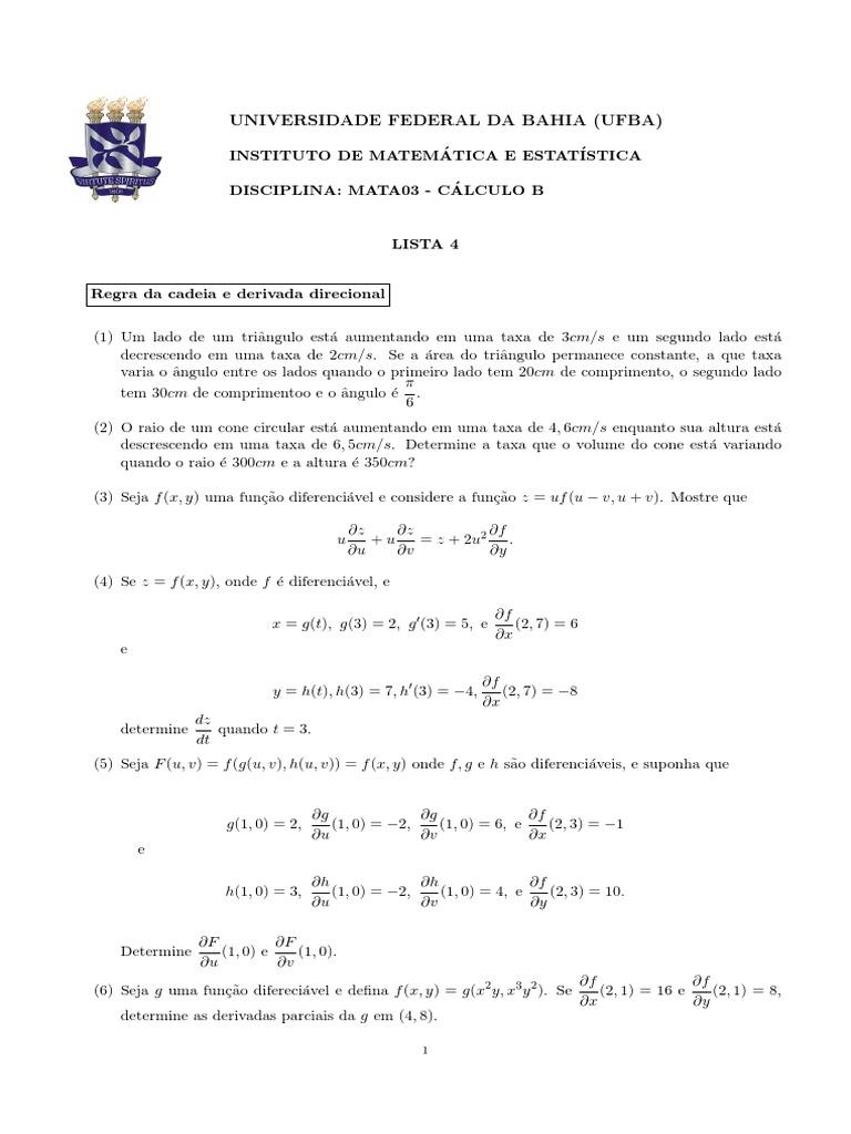 Lista 4 Cálculo B | PDF | Derivado | Gradiente