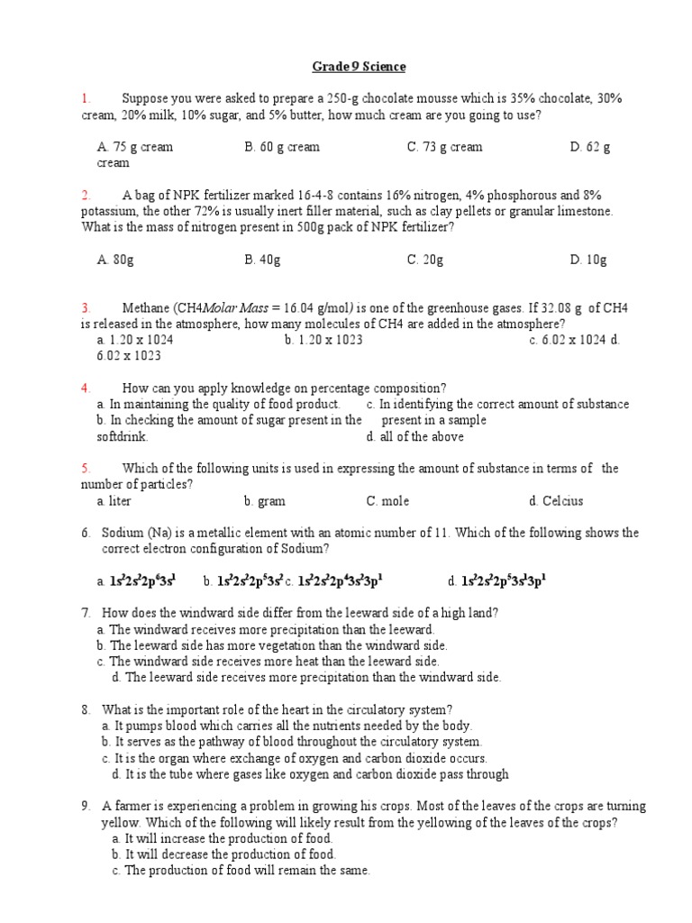 Grade 9 Science Mock Test 2016 | PDF | Mole (Unit) | Methane