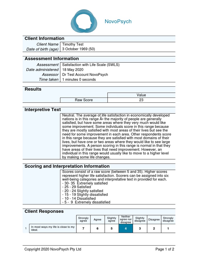 Swls Results | PDF | Psychology | Behavioural Sciences