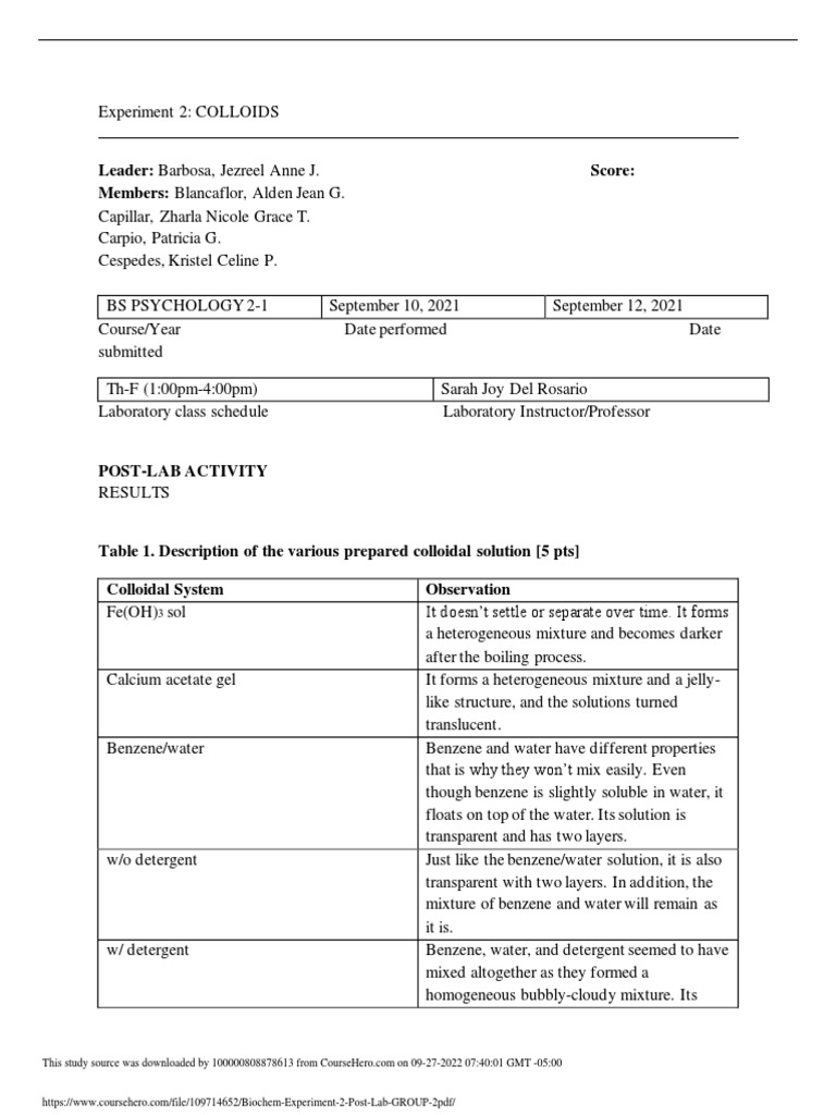 Biochem Experiment 2 Post Lab GROUP 2 PDF | PDF | Colloid | Filtration Biochem Experiment 2 Post Lab GROUP 2 PDF | PDF | Colloid | Filtration