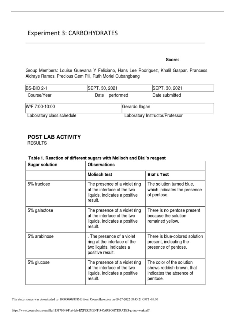 Post Lab Experiment 3 Carbohydrates Group Work PDF | PDF ...