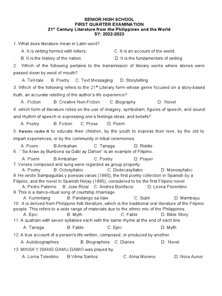 21st Century Philippine Literature Exam | PDF | Poetry