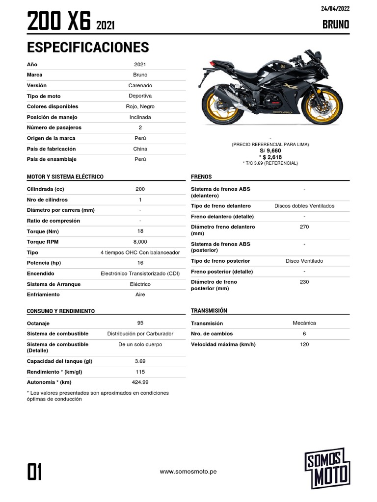 Especificaciones Moto Bruno X6 200 | PDF | Motocicleta | Coche