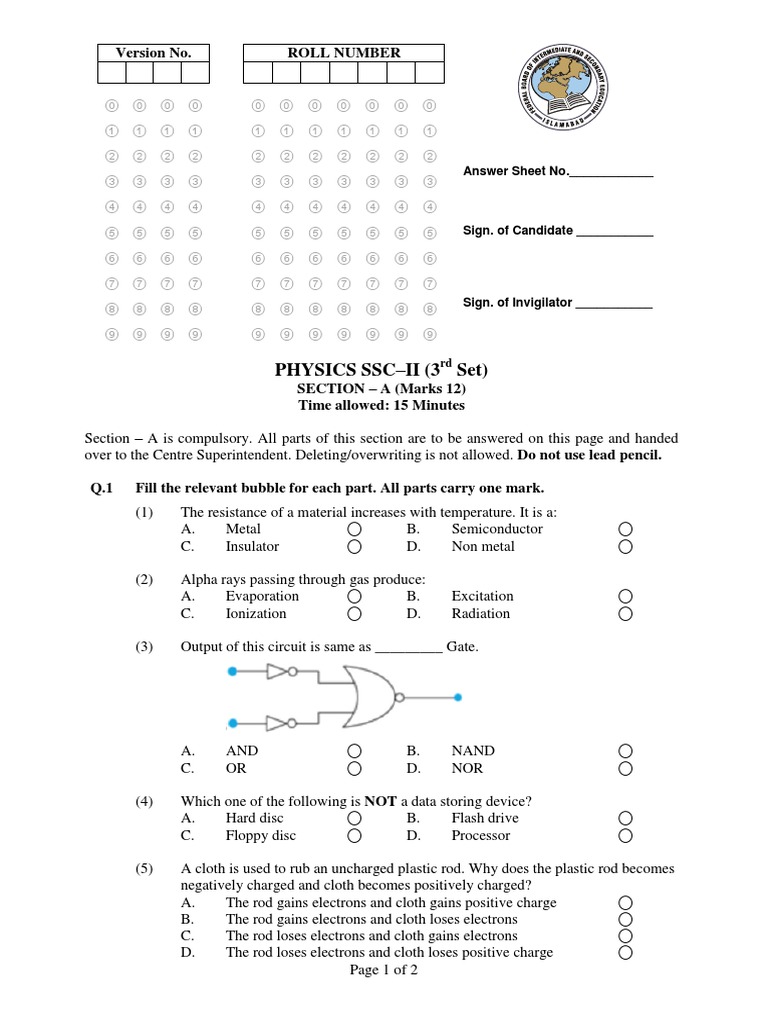 Physics SSC-II (3rd Set) | PDF | Waves | Electron