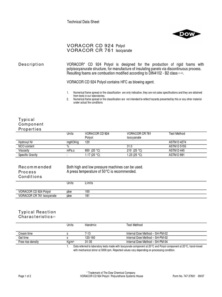 Chamical Dow For Pir | PDF | Polyurethane | Chemistry