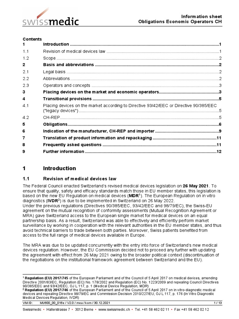 Swiss CH-REP Obligations for Medical Devices | PDF | Medical Device