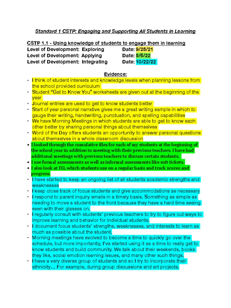 CSTP 1 - Evidence - Nancy Camp (SEM 3) | PDF | Learning | Teachers