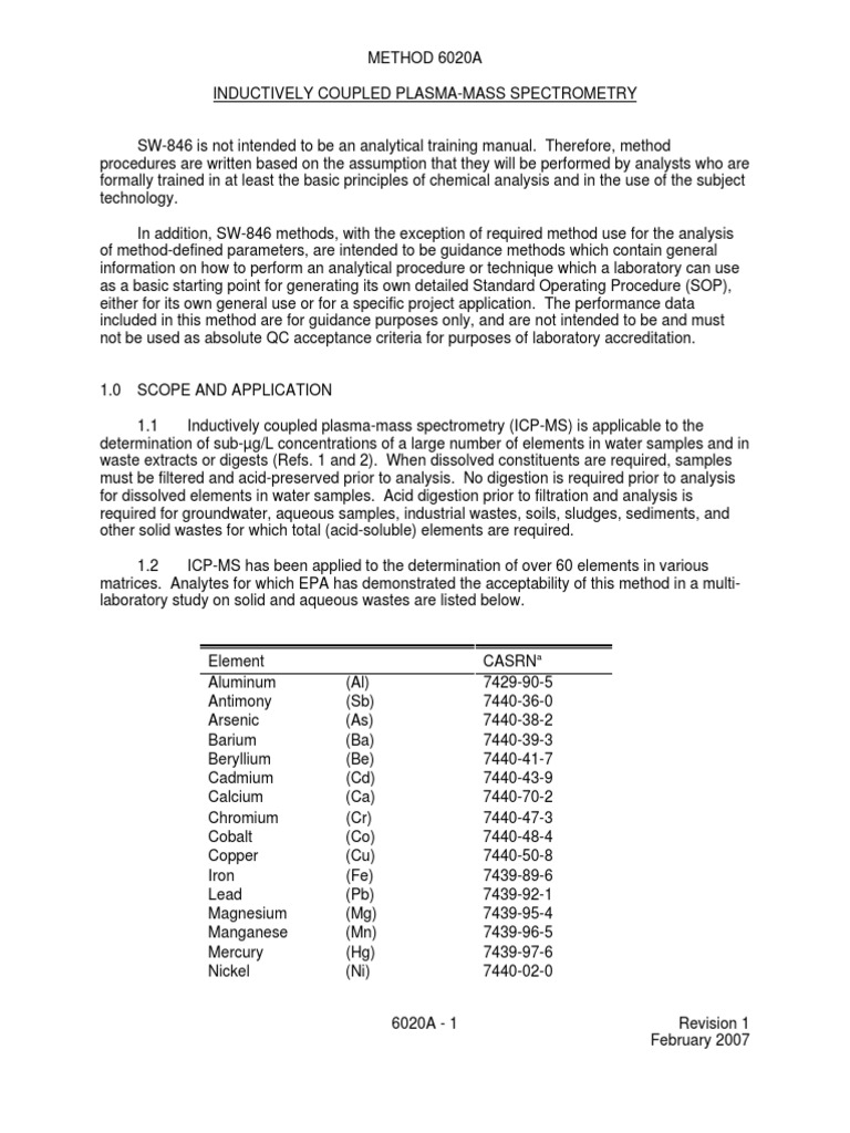 EPA Method 6020A: ICP-MS Guidelines | PDF | Mass To Charge Ratio | Mass ...