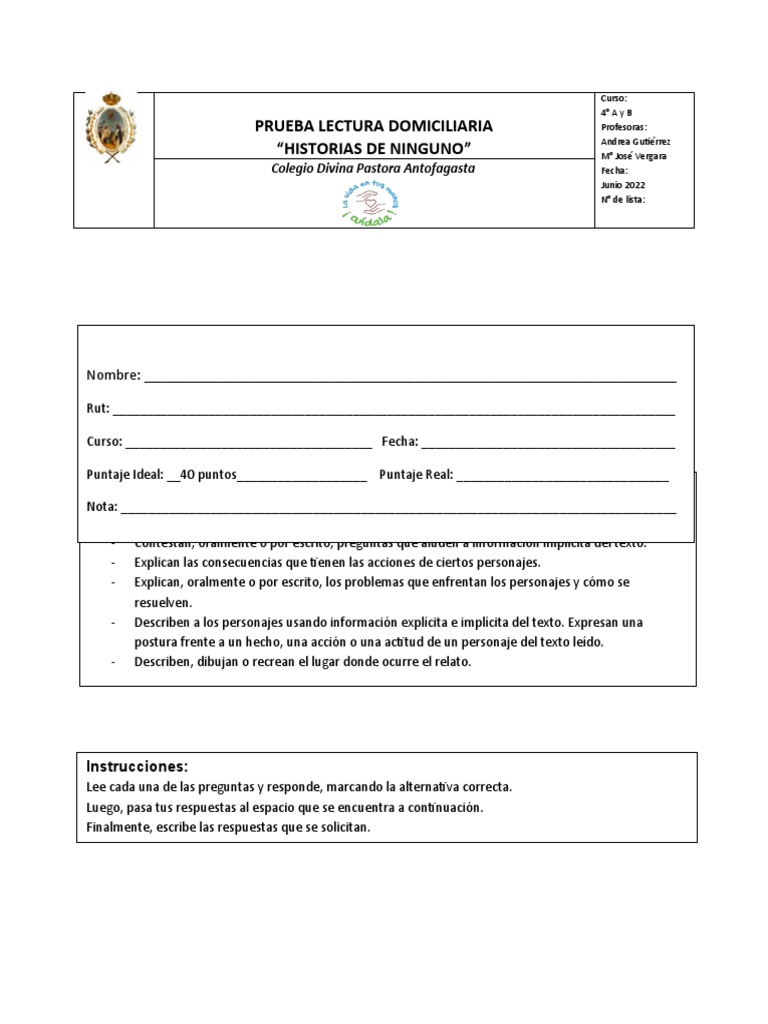 Prueba de Lectura 4° Básico | PDF | Narración