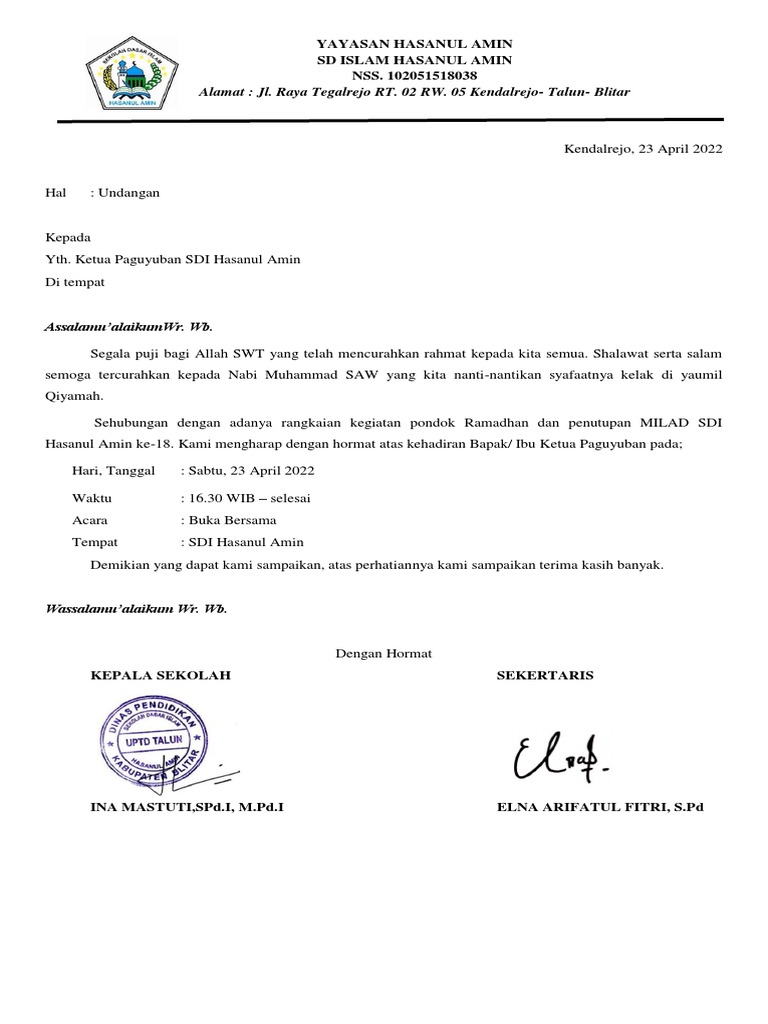 Undangan Rapat Paguyuban SDI Hasanul Amin | PDF