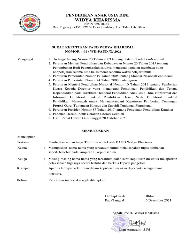 SK LITERASI Paud Widya Kharisma | PDF