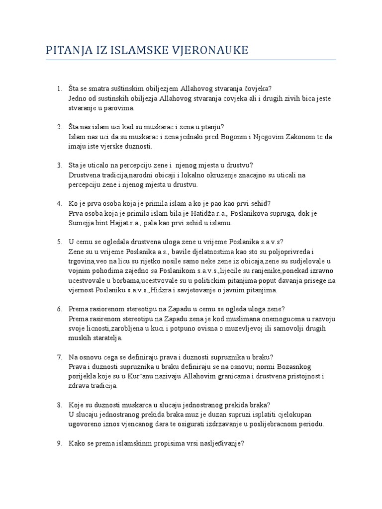 Pitanja Iz Islamske Vjeronauke | PDF