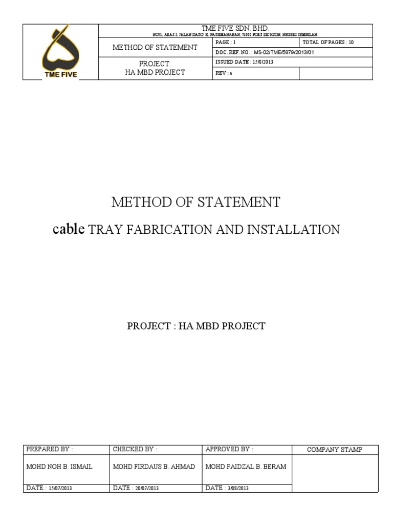 METHOD OF STATEMENT Cable Tray Fabrication and Installation | PDF ...
