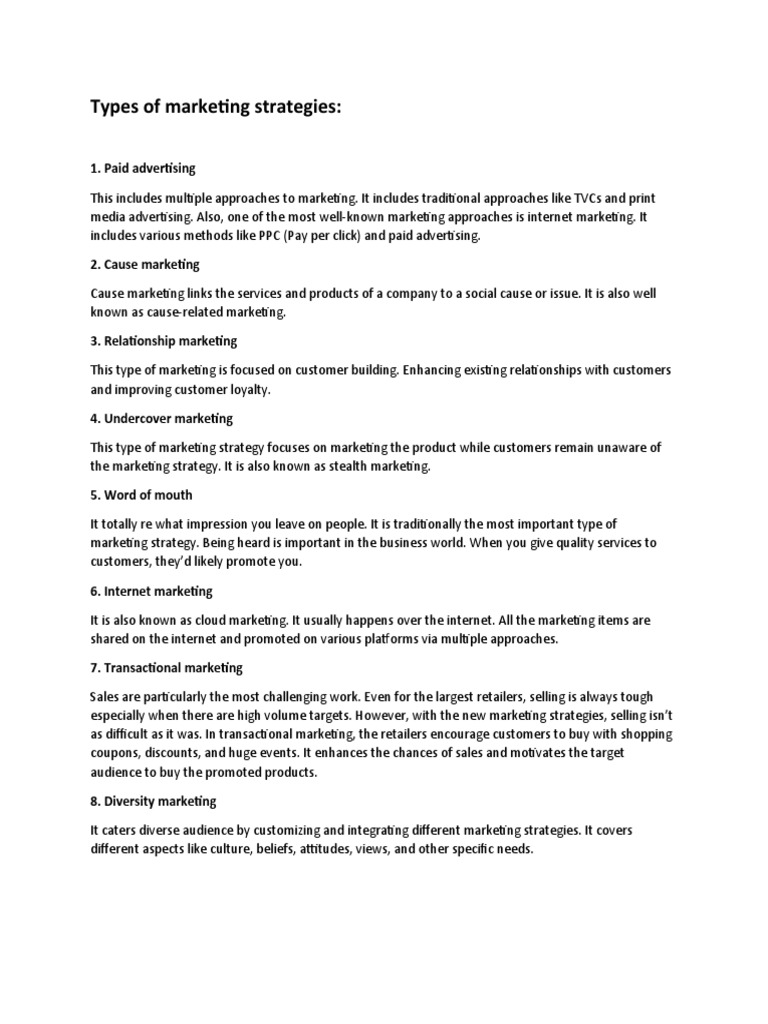 Types of Marketing Strategies | PDF | Marketing | Advertising