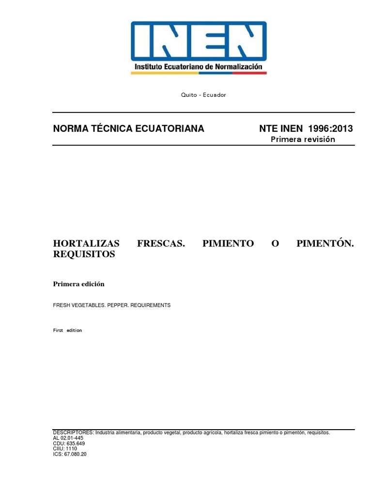 Norma Técnica Ecuatoriana Nte Inen 1996:2013 | PDF | Pimiento