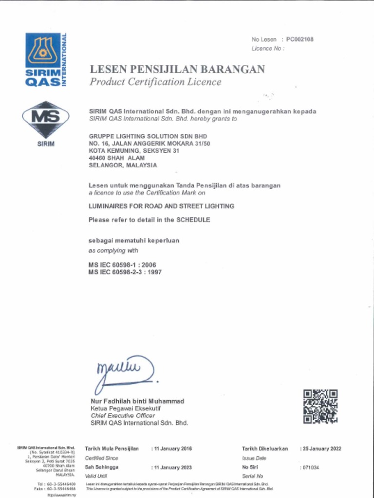 Sirim Qas Product Certificate 2022 - PC002108 | PDF
