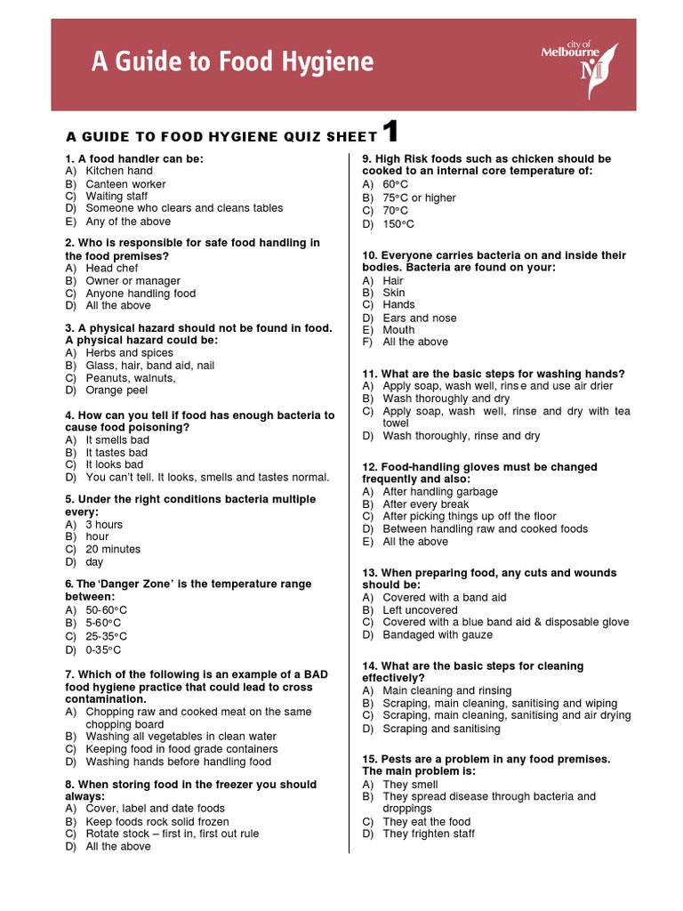 A Guide To Food Hygiene Quiz Sheet 1 | PDF | Foods | Hygiene