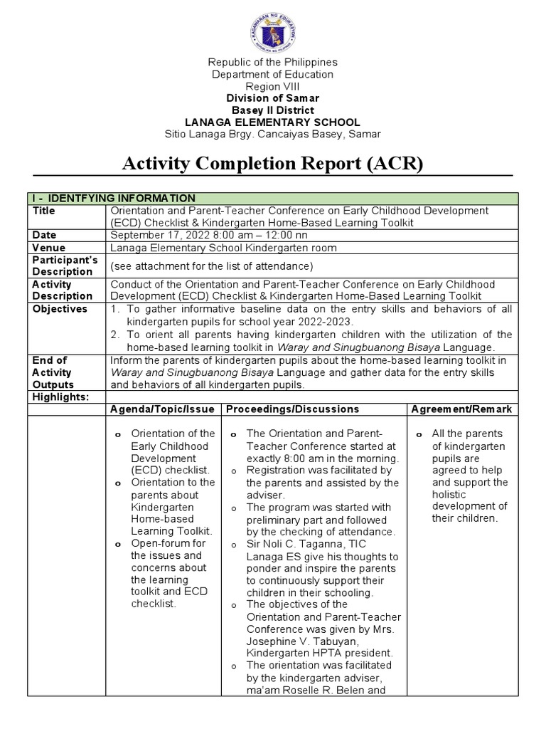 Orientation on Early Childhood Development Checklist and Kindergarten ...