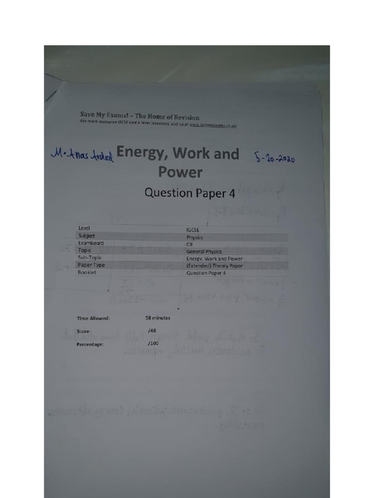 Energy, Work and Power Question Paper 4 | PDF