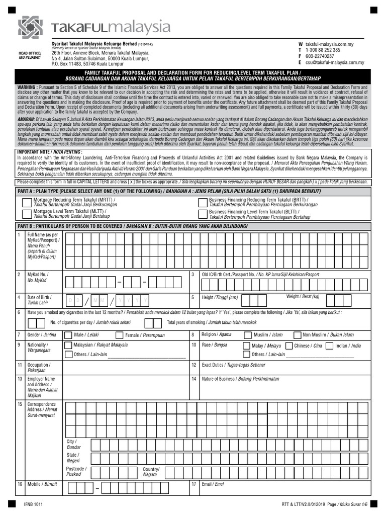 Family Takaful Proposal and Declaration Form for Reducing/Level Term ...