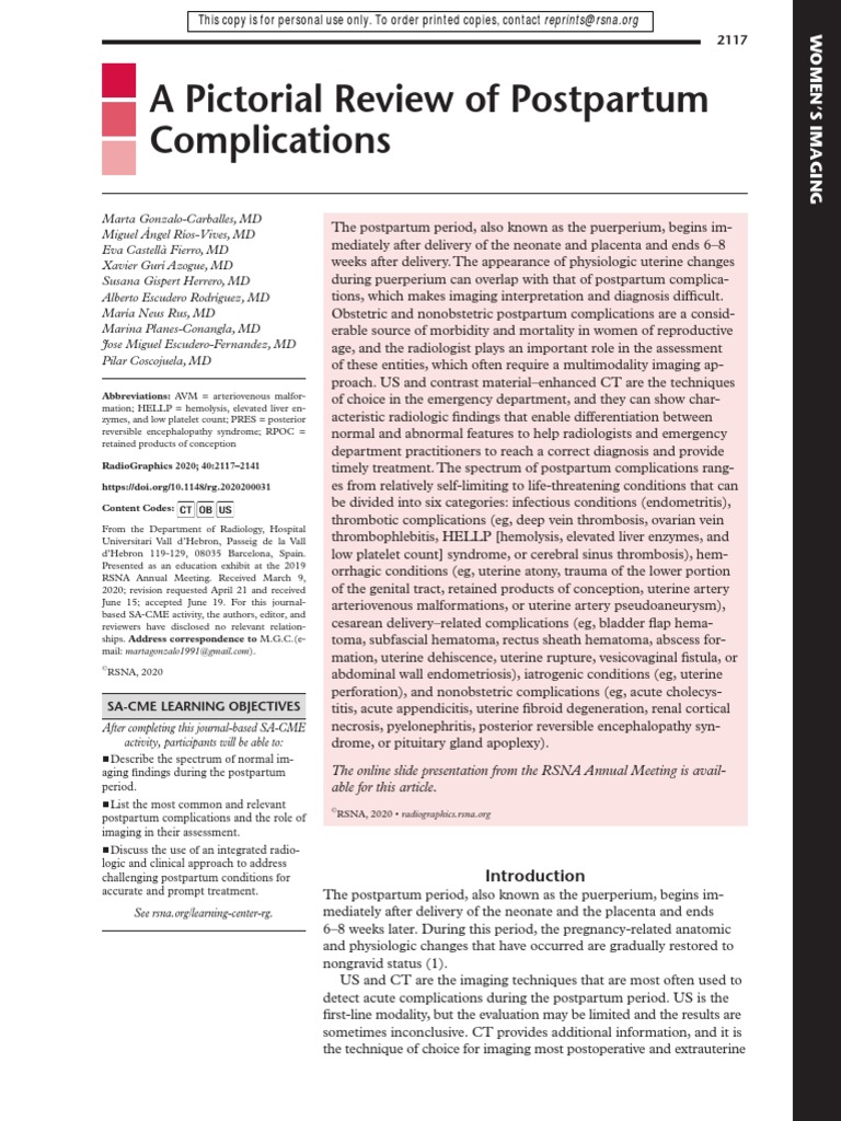 A Pictorial Review of Postpartum Complications | PDF | Thrombosis | Vein