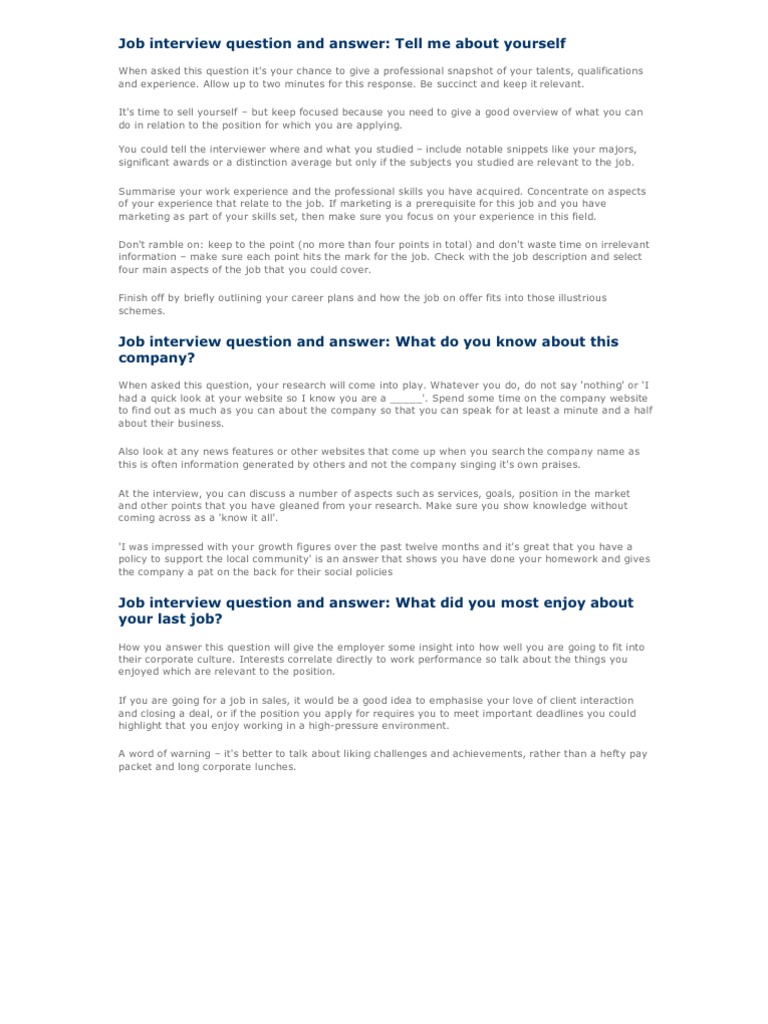 Job Interview Question and Answer | PDF | Job Interview | Goal