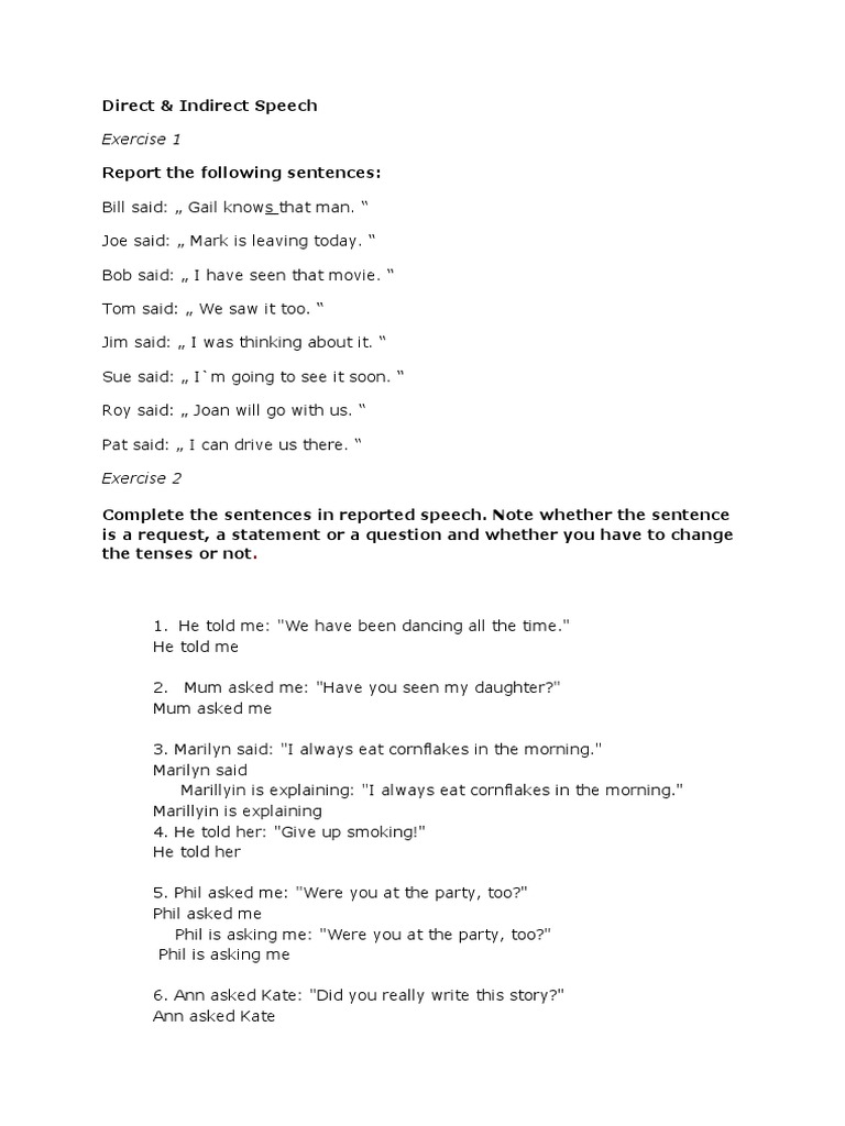 Indirect Speech - Exercises | PDF