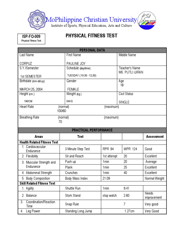 Physical Fitness Test Results for Pauline Joy Corpuz | PDF | Physical ...