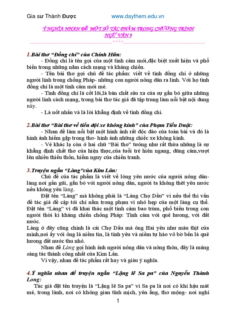 Y Nghia Mot So Nhan de Tac Pham Van Hoc y Nghia Nhan de Mot So Tac Pham Van Hoc Lop 9 | PDF