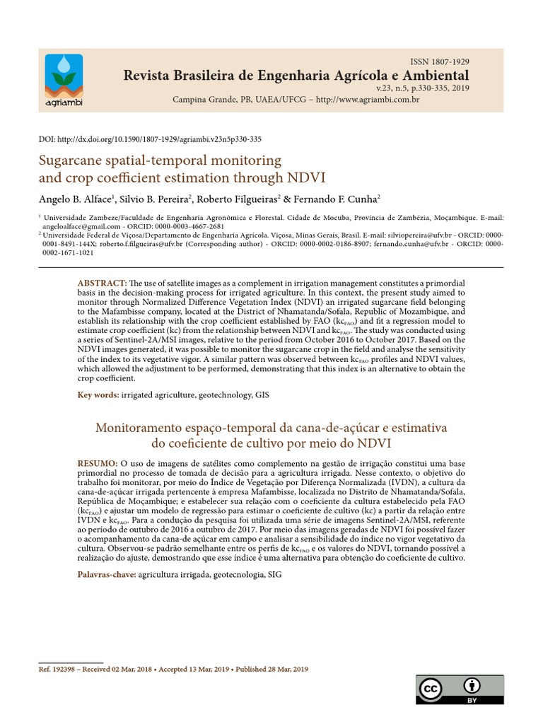 Monitoring Sugarcane Growth and Estimating Crop Coefficients Using NDVI ... Monitoring Sugarcane Growth and Estimating Crop Coefficients Using NDVI ...
