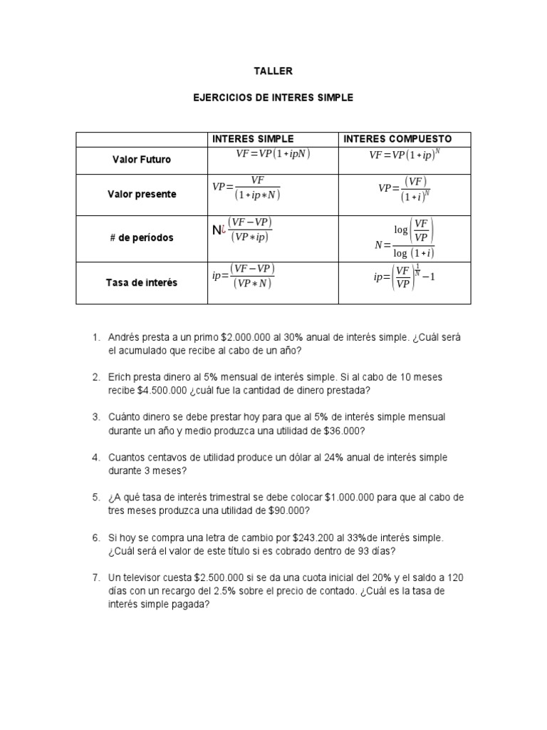 Taller de Interés Simple y Compuesto | PDF | Interés | Bancos