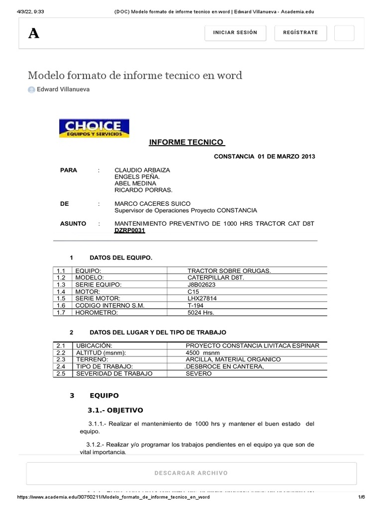 (DOC) Modelo Formato de Informe Tecnico en Word - Edward Villanueva - Academia - Edu | PDF