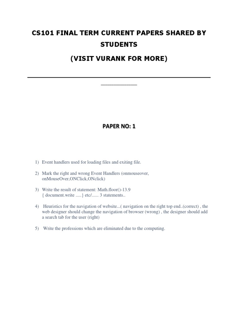 CS101 Final Term Current Papers Downloaded From Vurank | PDF | World Wide Web | Internet & Web