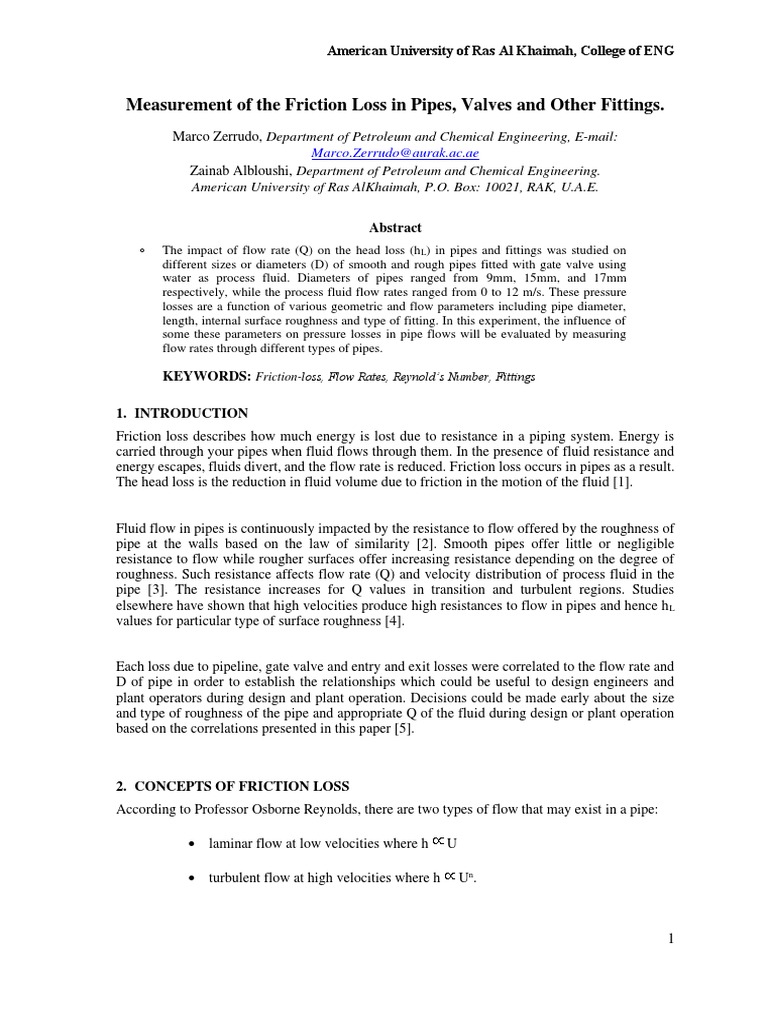 Friction Loss Measurement in Pipes | PDF | Fluid Dynamics | Reynolds Number