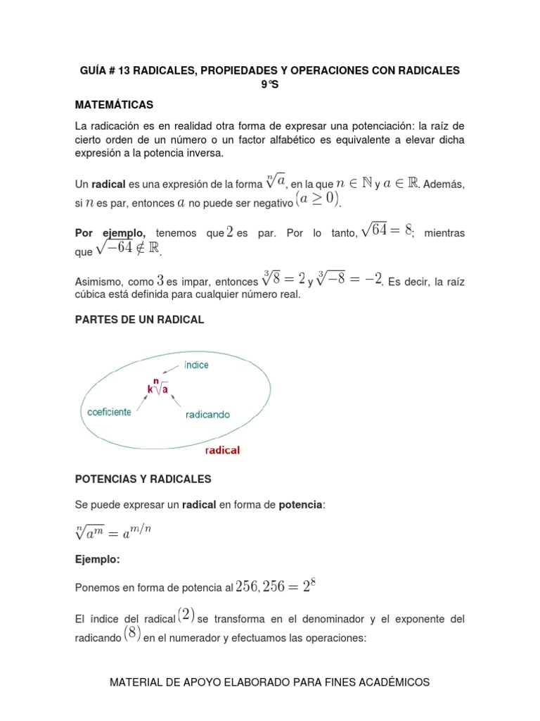 Guía # 13 Operaciones Con Radicales 9°s 2021 | PDF | Exponenciación ...