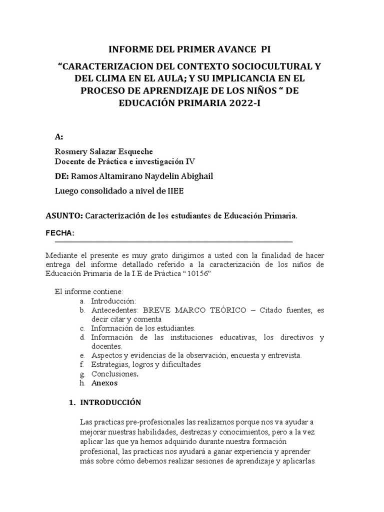 Formato de Informe Proyecto Integrador | PDF | Salón de clases | Aprendizaje