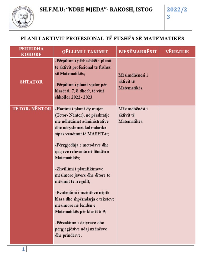 Plani I Aktivit Profesional Të Fushës Së Matematikës | PDF