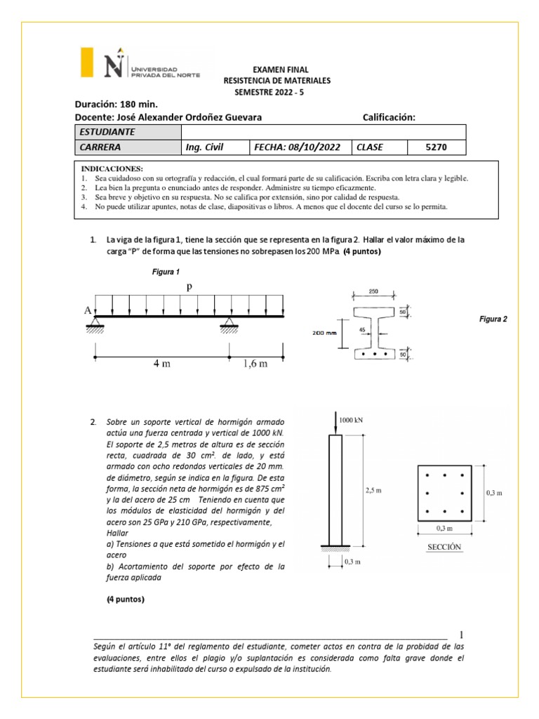 Resolución de problemas de resistencia de materiales en un examen final | PDF | Prueba ...