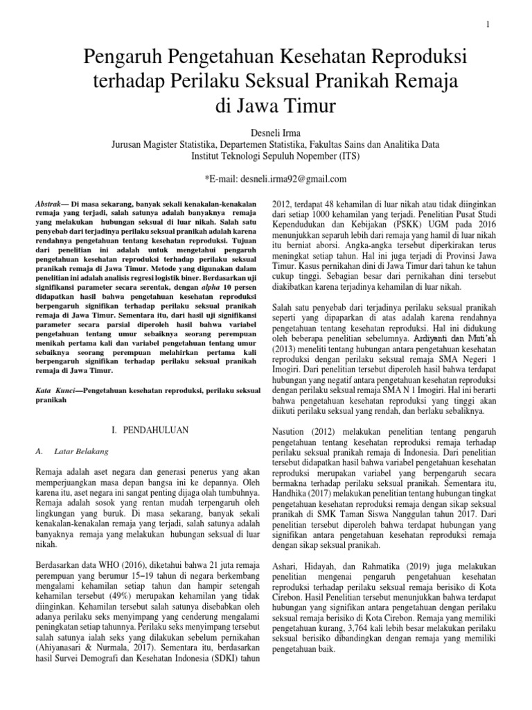 Pengaruh Pengetahuan Kesehatan Reproduksi Terhadap Perilaku Seksual Pranikah Remaja Di Jawa ...