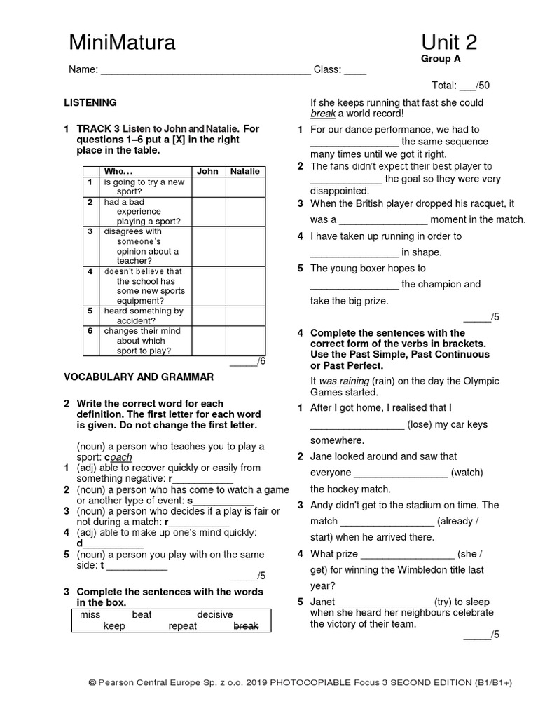 Focus3 2E MiniMatura Unit2 GroupA 2kol | PDF