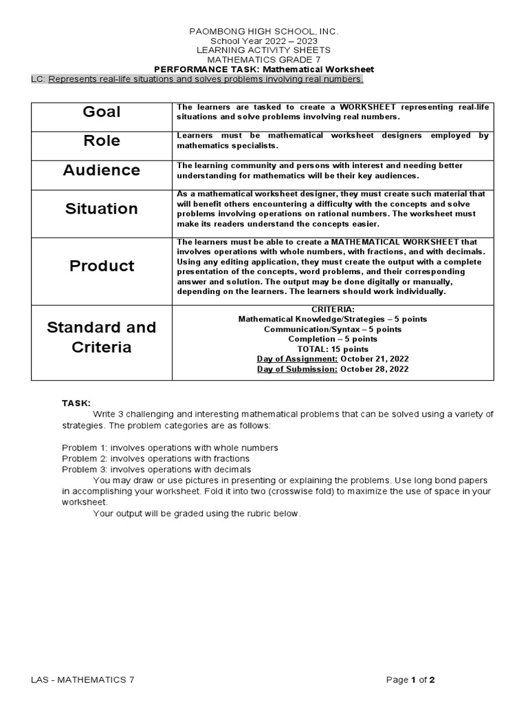 Knblkc4gn Math 7 - PETA Q1 | PDF | Learning | Worksheet
