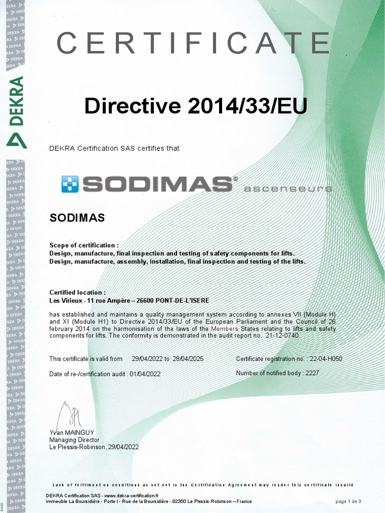 Directive 2014/33/EU: Certificate | PDF | Manufactured Goods | Equipment
