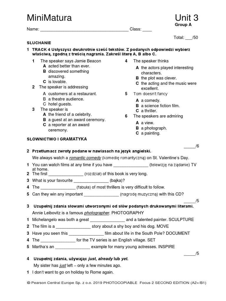 Focus 2 2ed MiniMatura Unit3 GroupA 1kol | PDF