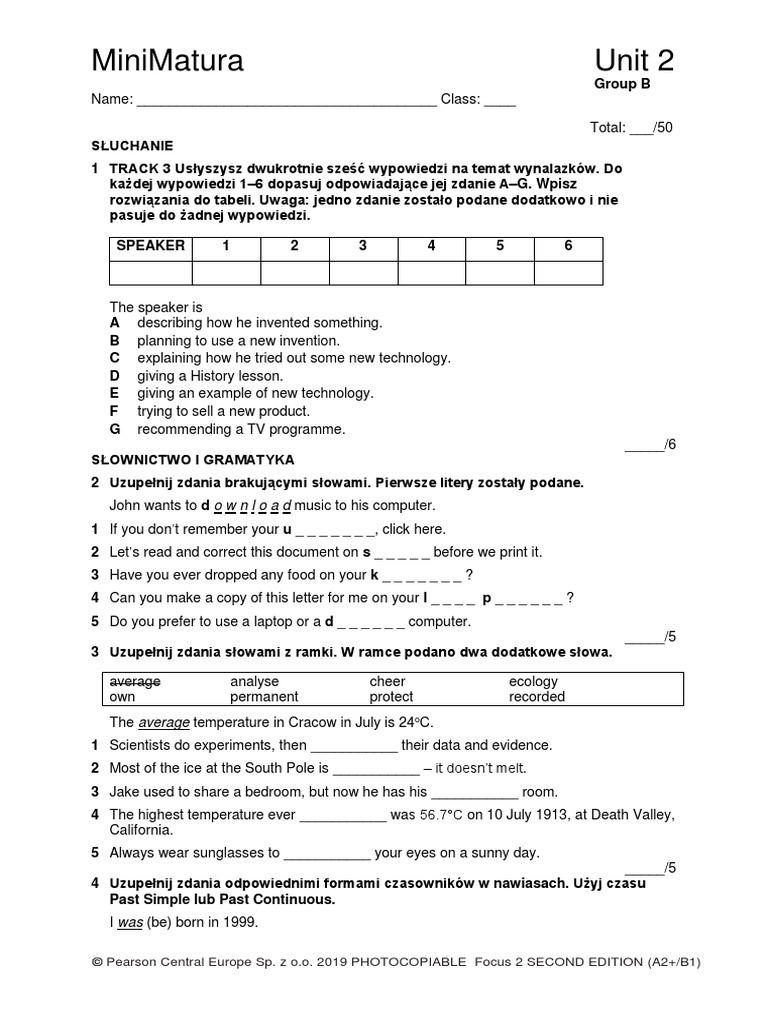 Focus 2 2ed MiniMatura Unit2 GroupB 1kol | PDF | Science