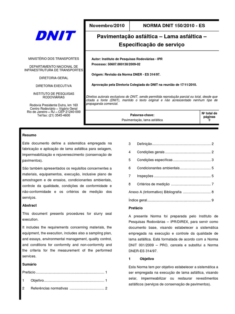 Dnit 150-2010 - Es Brasil | PDF | Amostragem (Estatística) | Qualidade (negócios)